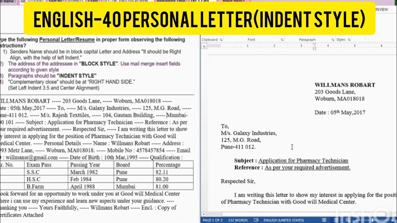 ENGLISH-40 TYPING PERSONAL LETTER(INDENT STYLE) 15/15 MARKS - YouTube