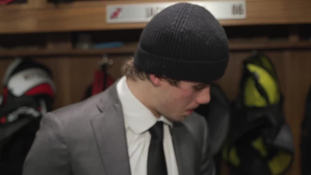 Jack, Vanecek, Mercer and Ruff after a big Devils OT win over Boston - YouTube