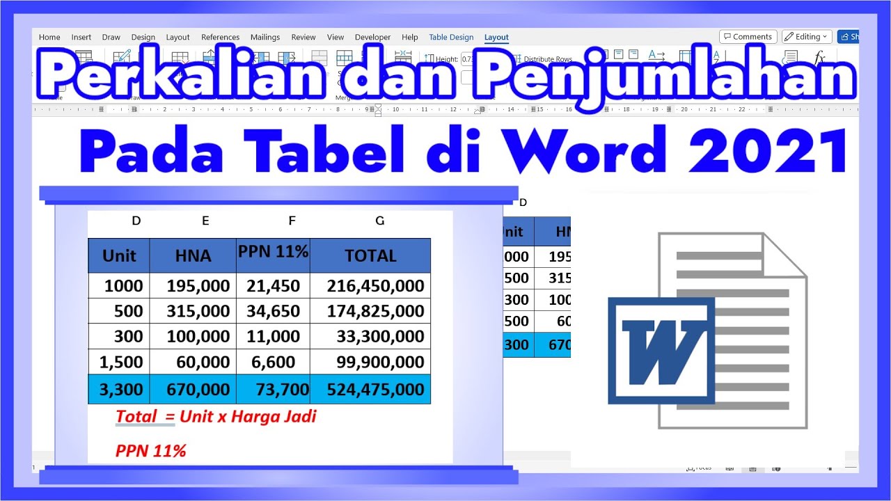Perkalian dan Penjumlahan Pada Tabel Word 2021 - YouTube