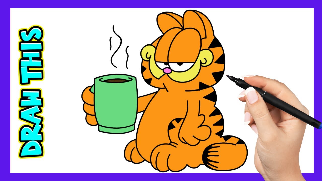 How to draw Garfield happily drinking a coffee - YouTube