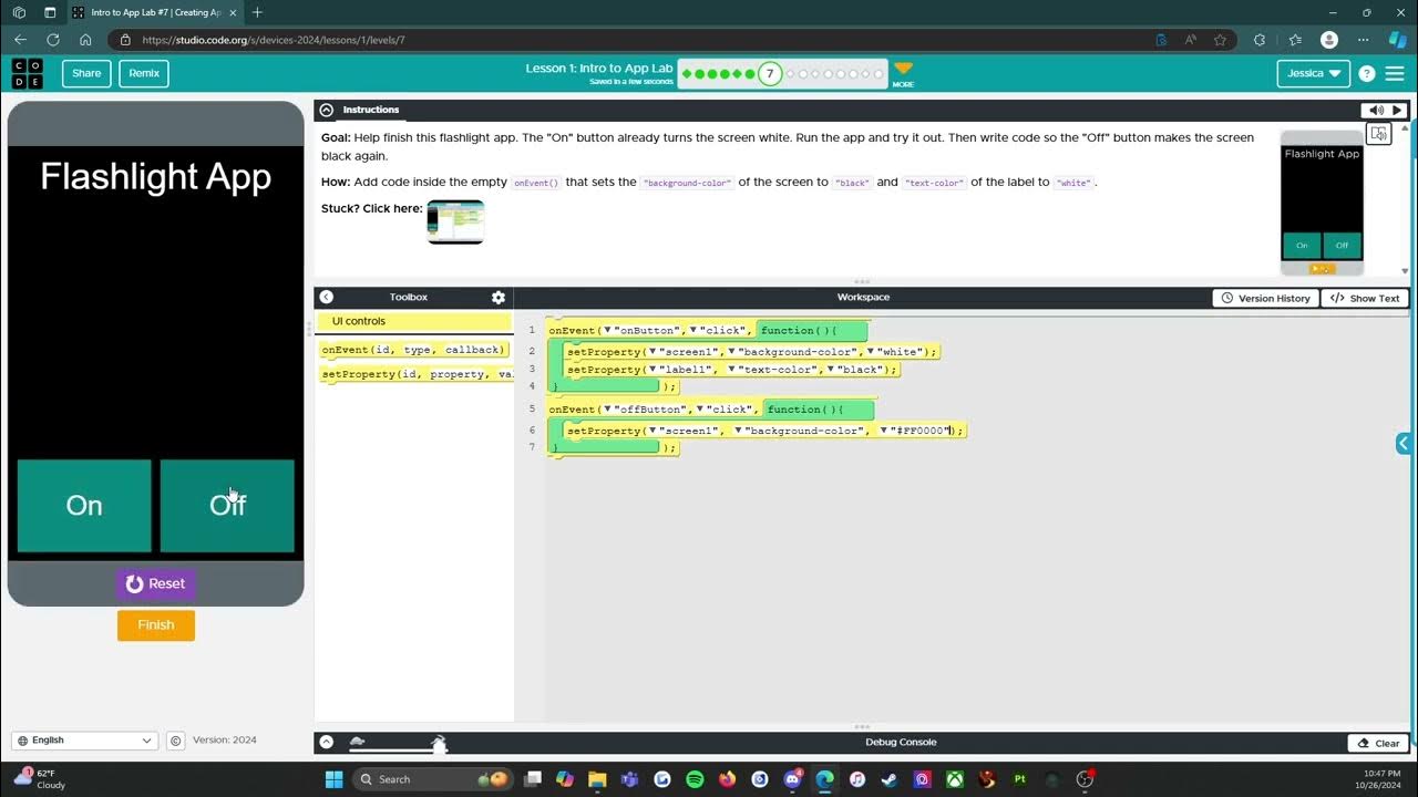 Code.org - Creating Apps with Devices - Circuit Playground: Lesson 1: Intro to App Lab: Level 7 ...