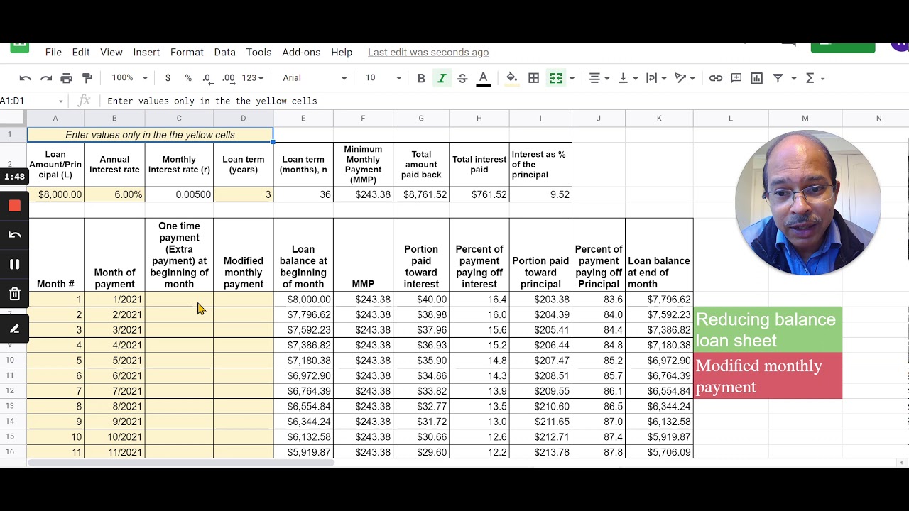 Reducing balance loan sheet-modified monthly payment - YouTube