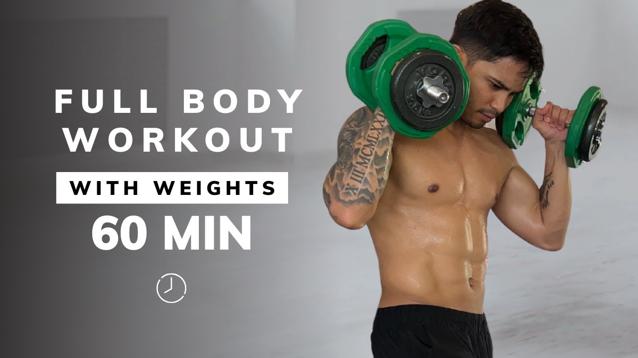 60 Min FULL BODY WITH WEIGHTS - Dumbbell Strength Workout At Home (NO ...