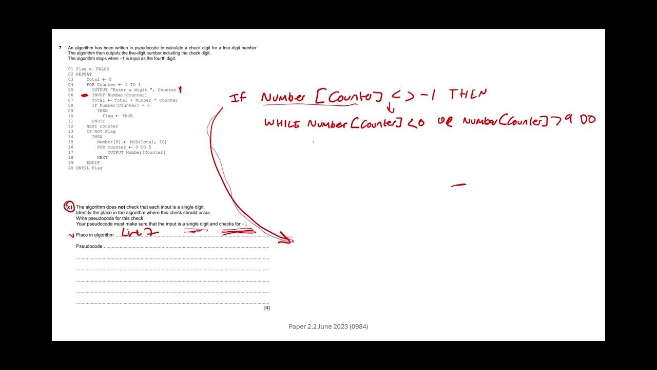 Q7 part c * WRITE PSEUDOCODE eg 2 of 2 * iGCSE Computer Science Paper ...