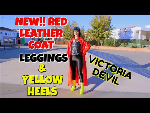 New ‼‼ Red Leather Coat 🔴, Leggings, Corset and Yellow Heels 🟡.