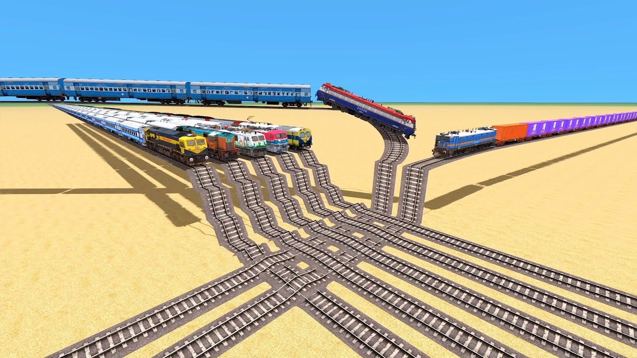 EIGHT TRAINS CURVED BUMPY RISKY CROSSING😱 SHARP TURN ZIG ZAG TRACK ...