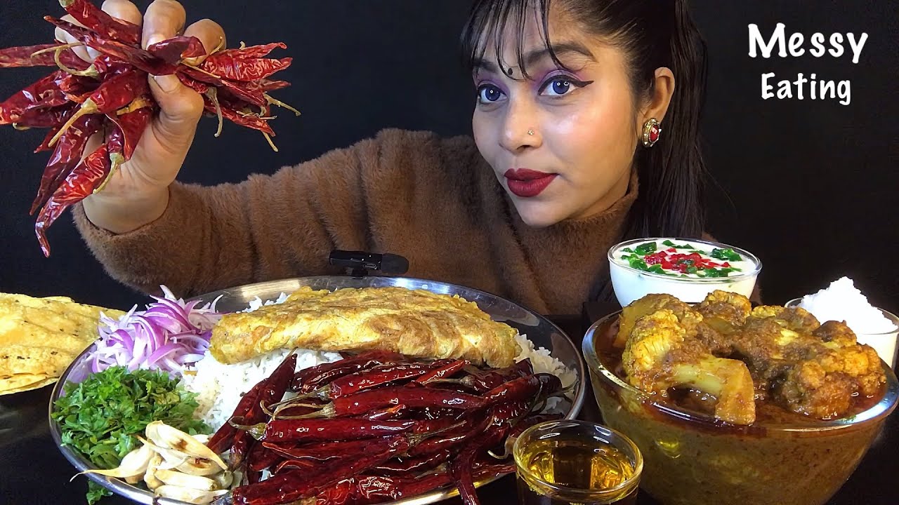 EATING CHAWAL ALOO GOBHI SABJI CHILLI BHARTA OMELET PAPAD | INDIAN ASMR | EATING SHOW | MESSY ...
