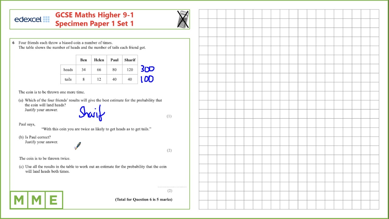 GCSE Maths EDEXCEL Specimen Set 1 Higher Paper 1 Q6 Probability - YouTube