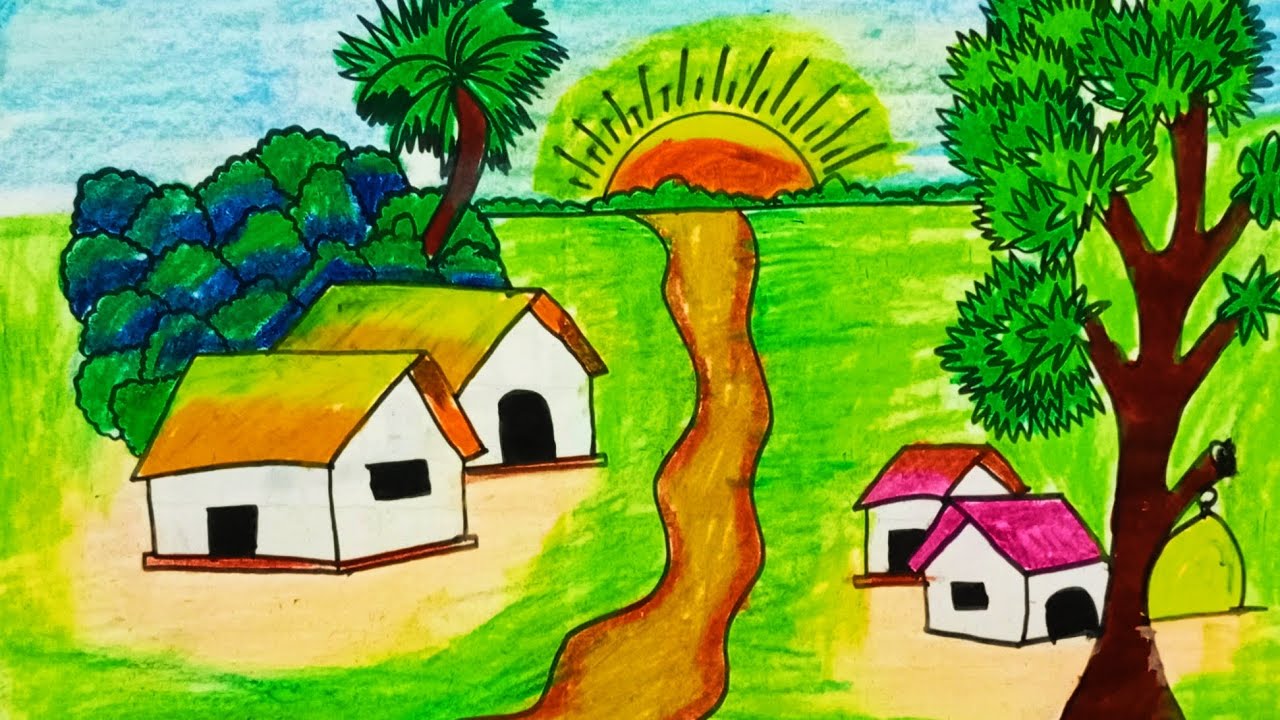 very 😍 Beautiful village scenery drawing eazy Gramer Drisso drawing ...
