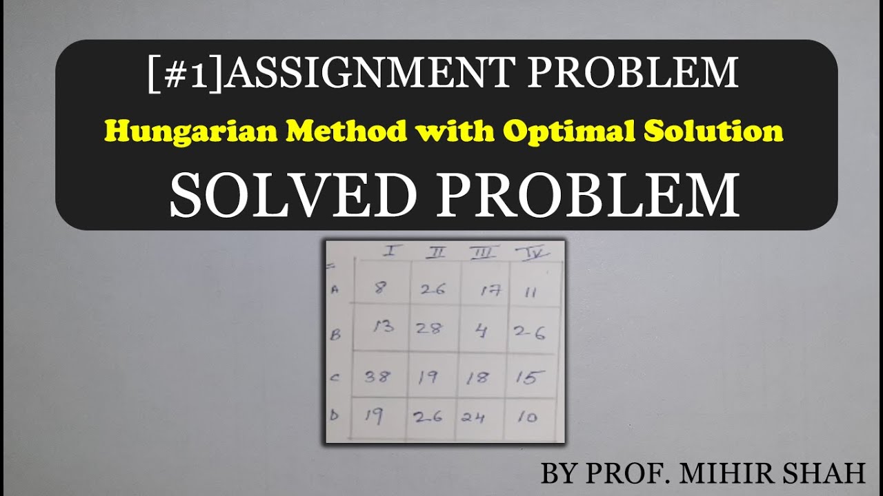 1 Assignment Problem Hungarian Method With Optimal Solution By Prof Mihir Shah Youtube