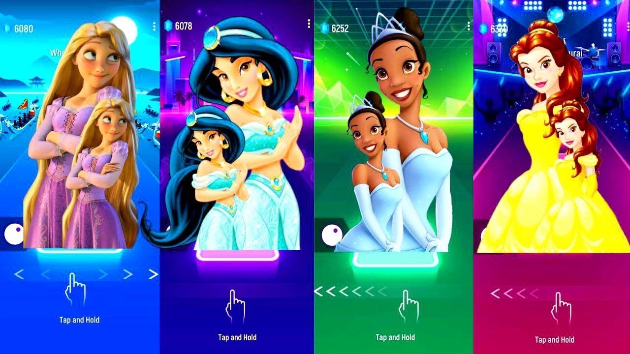💖Disney Tangled 🆚 Jasmine 🆚 Tiana 🆚 Belle 💖princesses Tiles Hop - YouTube