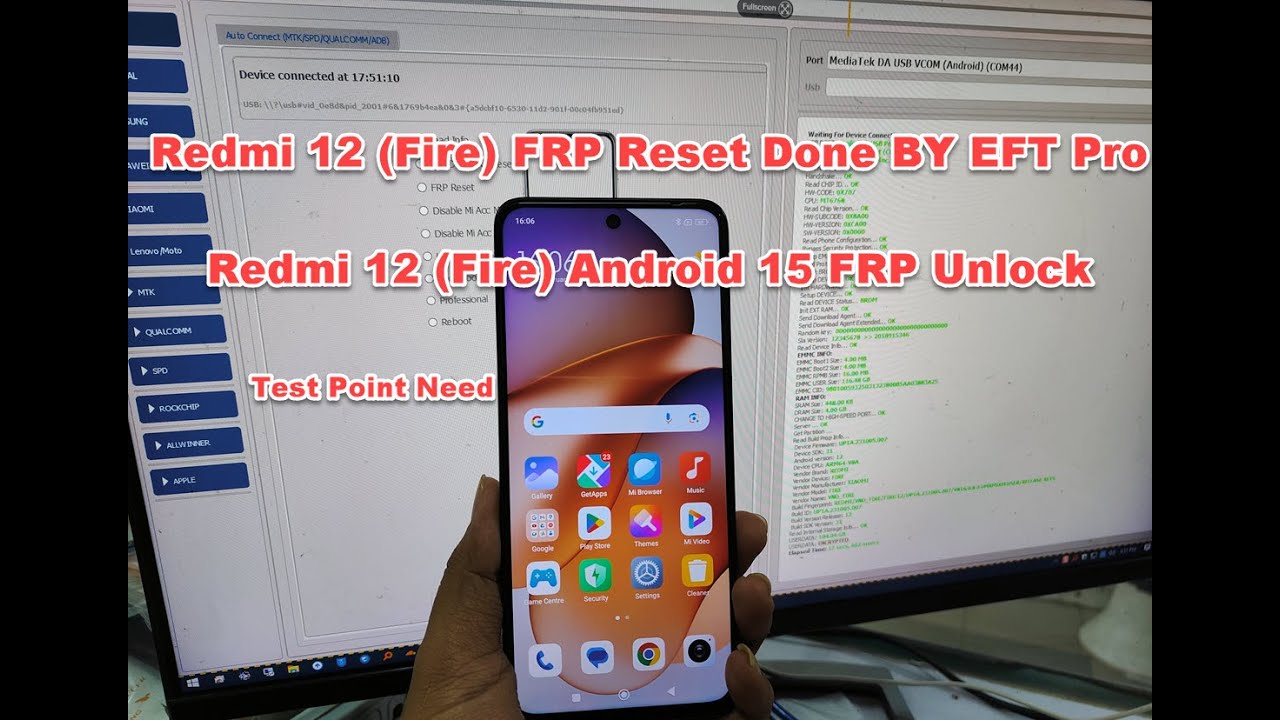 Redmi 12 (Fire) Android 15 FRP Reset Done BY EFT Pro - YouTube