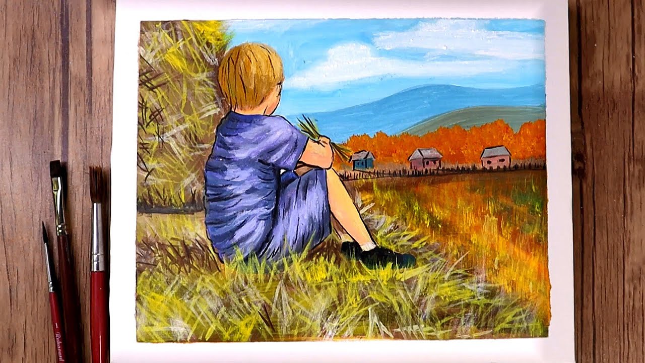 How to Paint a Little Boy Sitting from Backside | Village Landscape ...