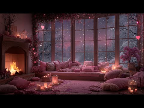 Valentine’s Day in a Dreamy Pink Cozy Room Ambience 💖 Soft Piano & Cozy Fireplace for Relaxation