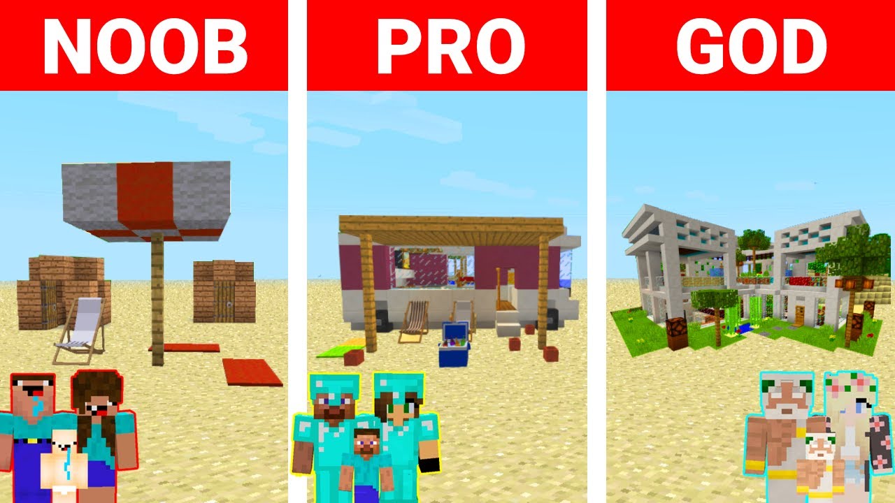 Minecraft : FAMILY BEACH CAMP - NOOB vs PRO vs GOD in Minecraft - YouTube