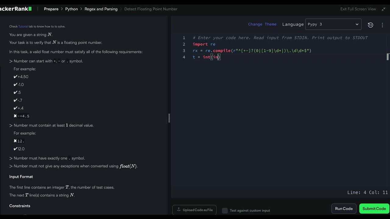 Hackerrank Python Solution #1 Regex and Parsing - Detect Floating Point Number - YouTube