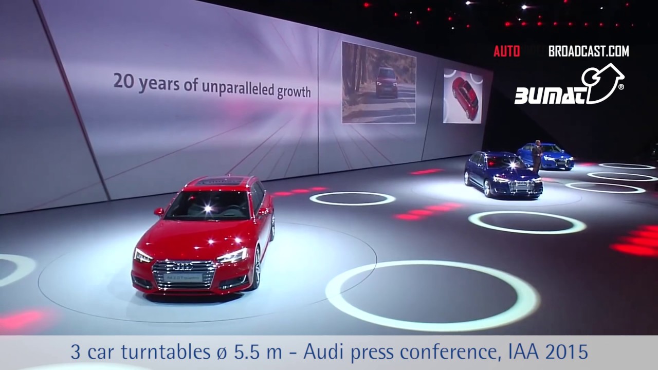 Audi press conference, IAA 2015 - 3 car turntables ø 5.5 m - YouTube