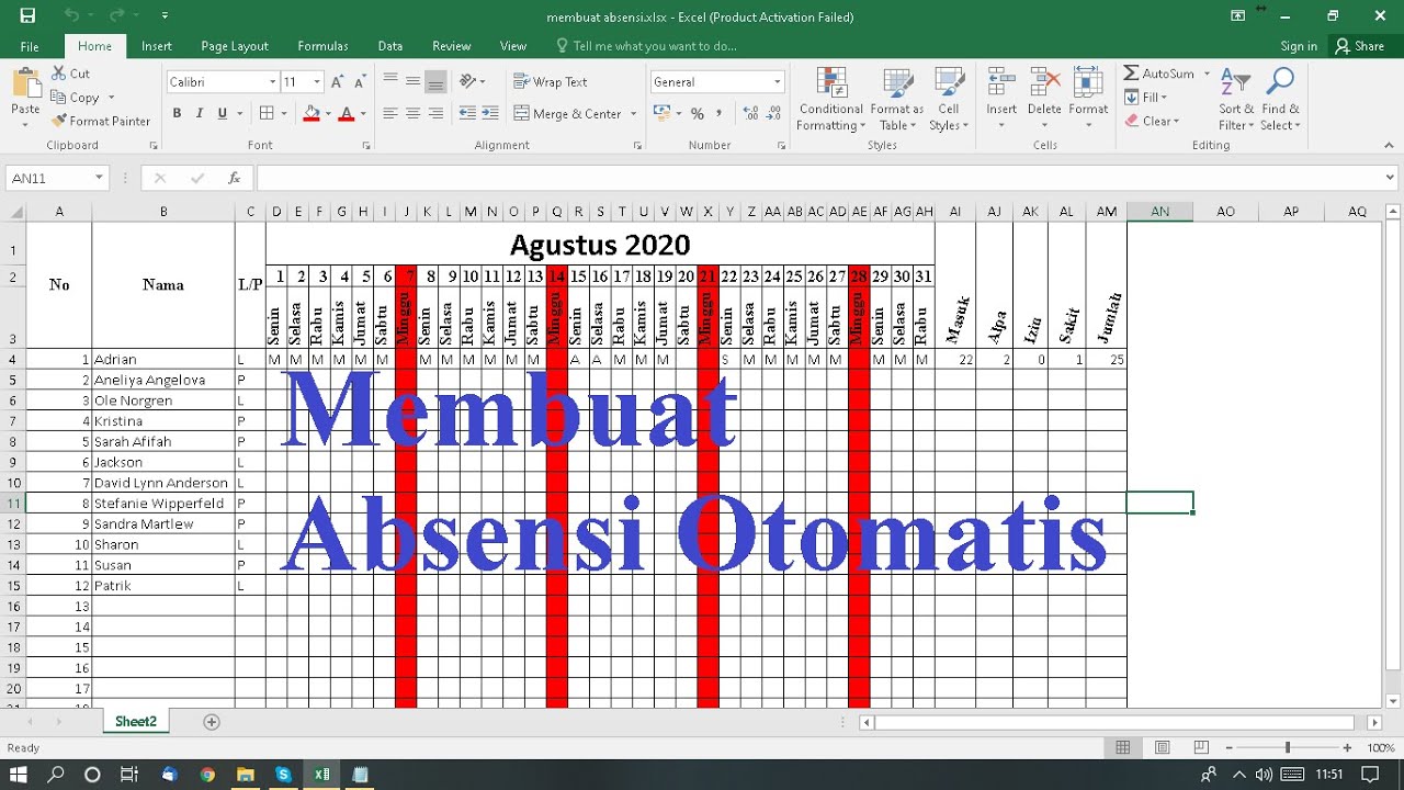 Cara Membuat absen otomatis di excel - YouTube