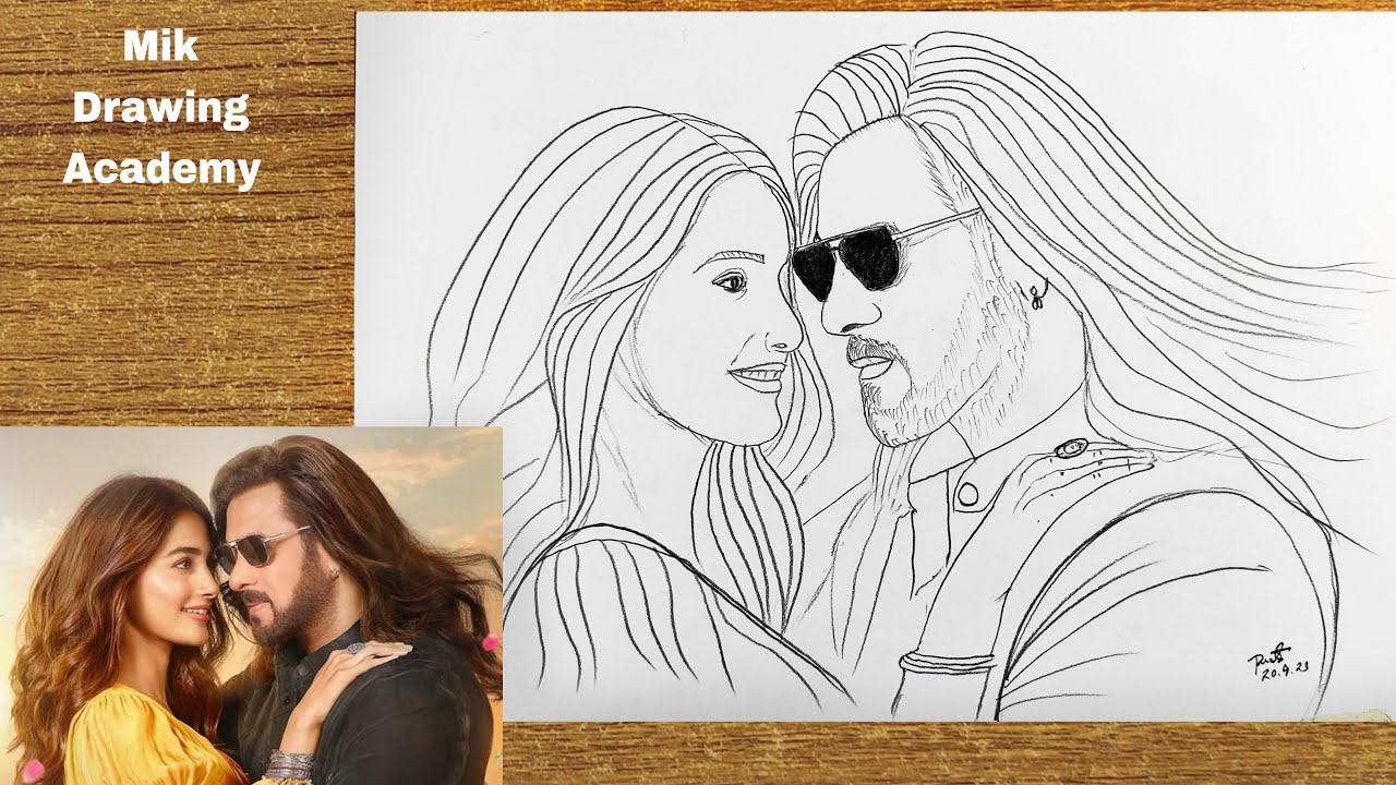 Drawing Salman Khan & Pooja Hegde | How to draw Outlines FreeHand ...