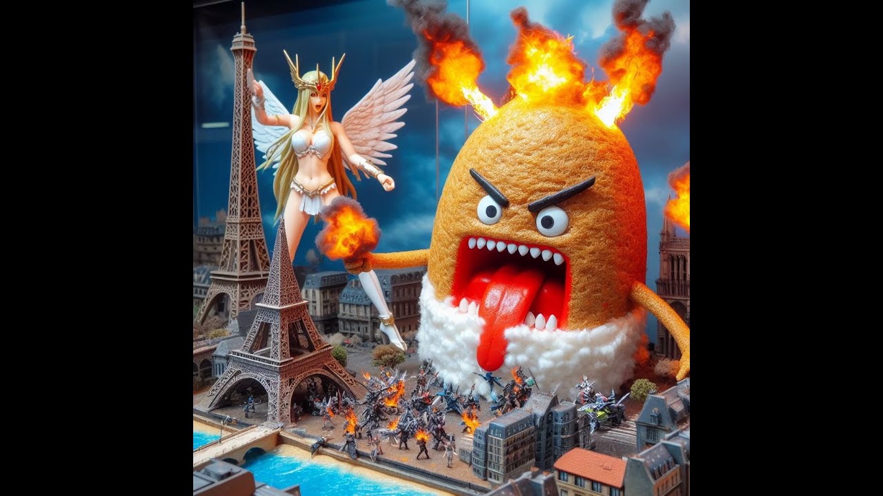 「巨大なオニギリ怪獣が襲来！」のジオラマ Diorama of “A giant ONIGIRI (riceball) monster ...