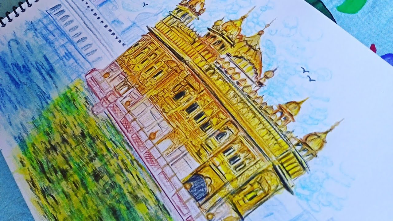 how to draw golden temple//drawing of gurudwara/easy step-by-step - YouTube