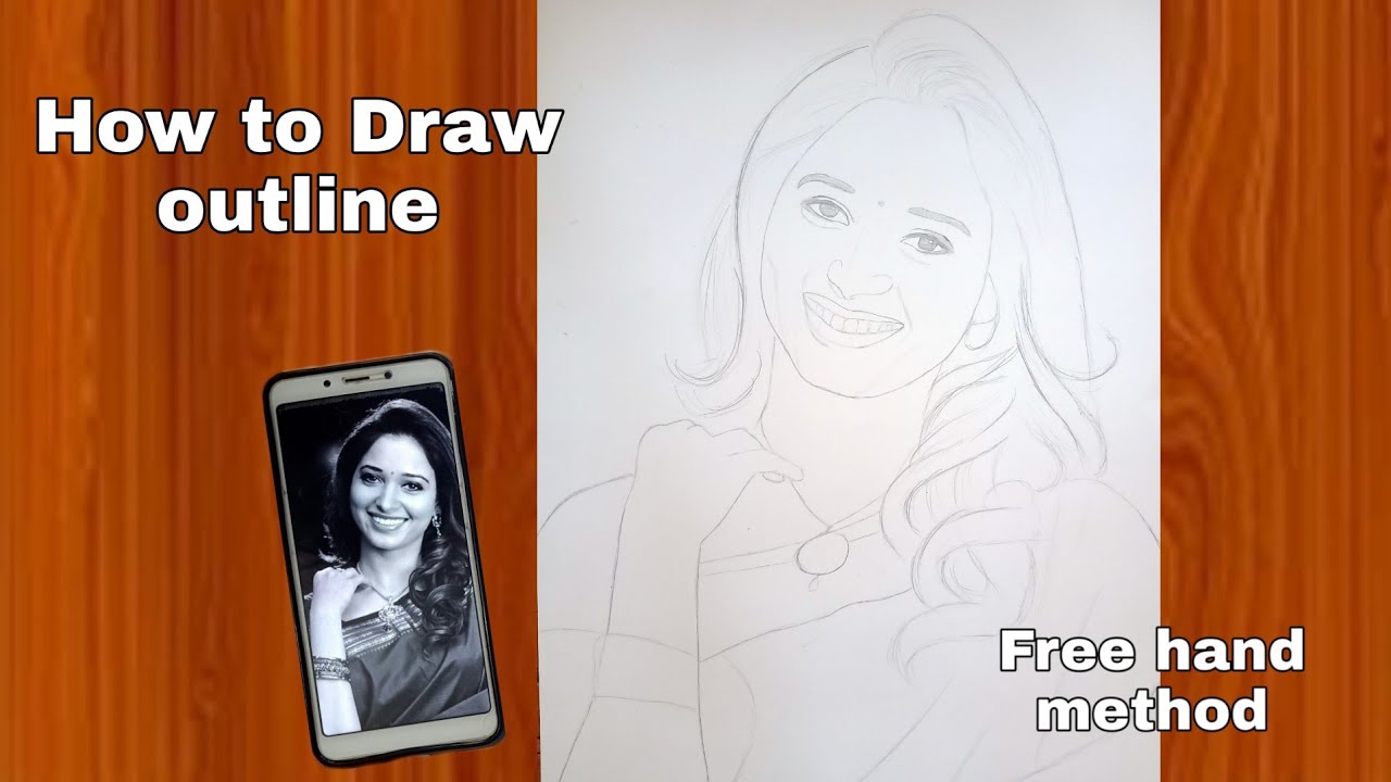 How to draw tamanna bhatia sketch outlie / free hand method - YouTube