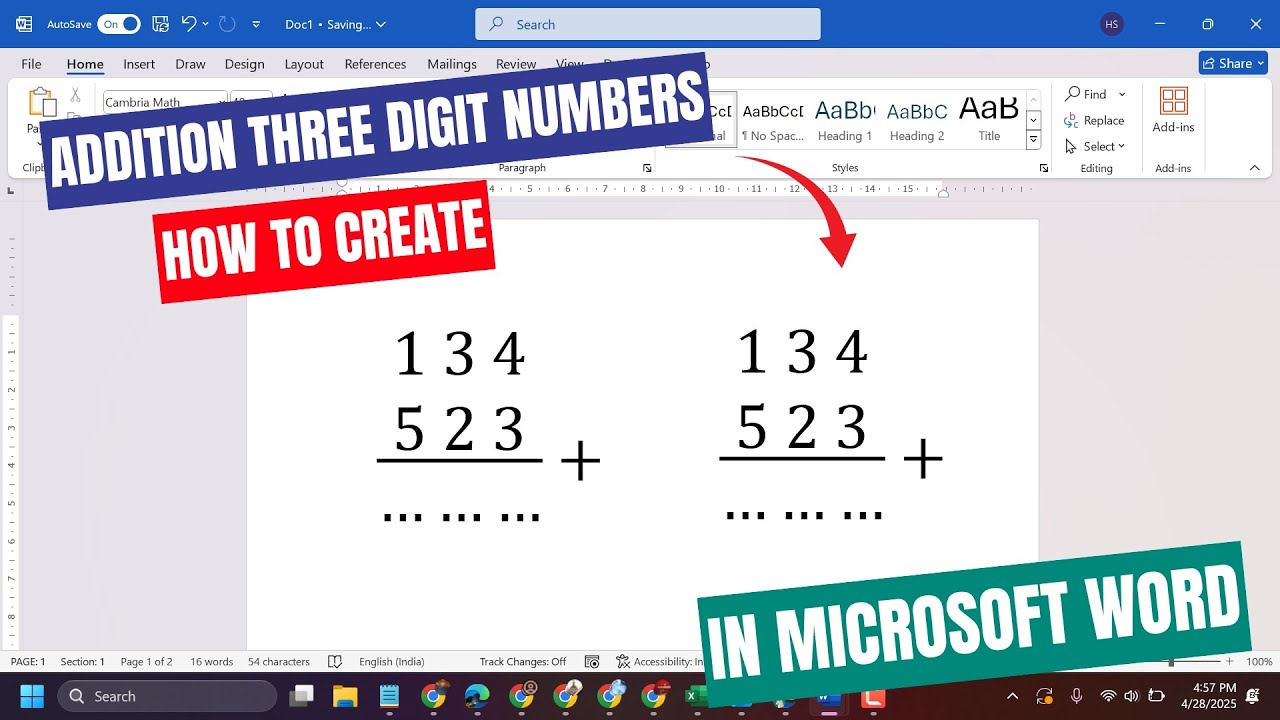 Create Addition Three Digit Numbers in Microsoft Word ll Maths - YouTube