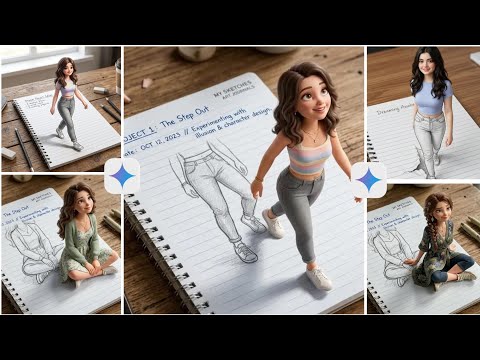 Cute 3D Cartoon Girl Walking on Notebook Gemini AI Prompt #gemini 