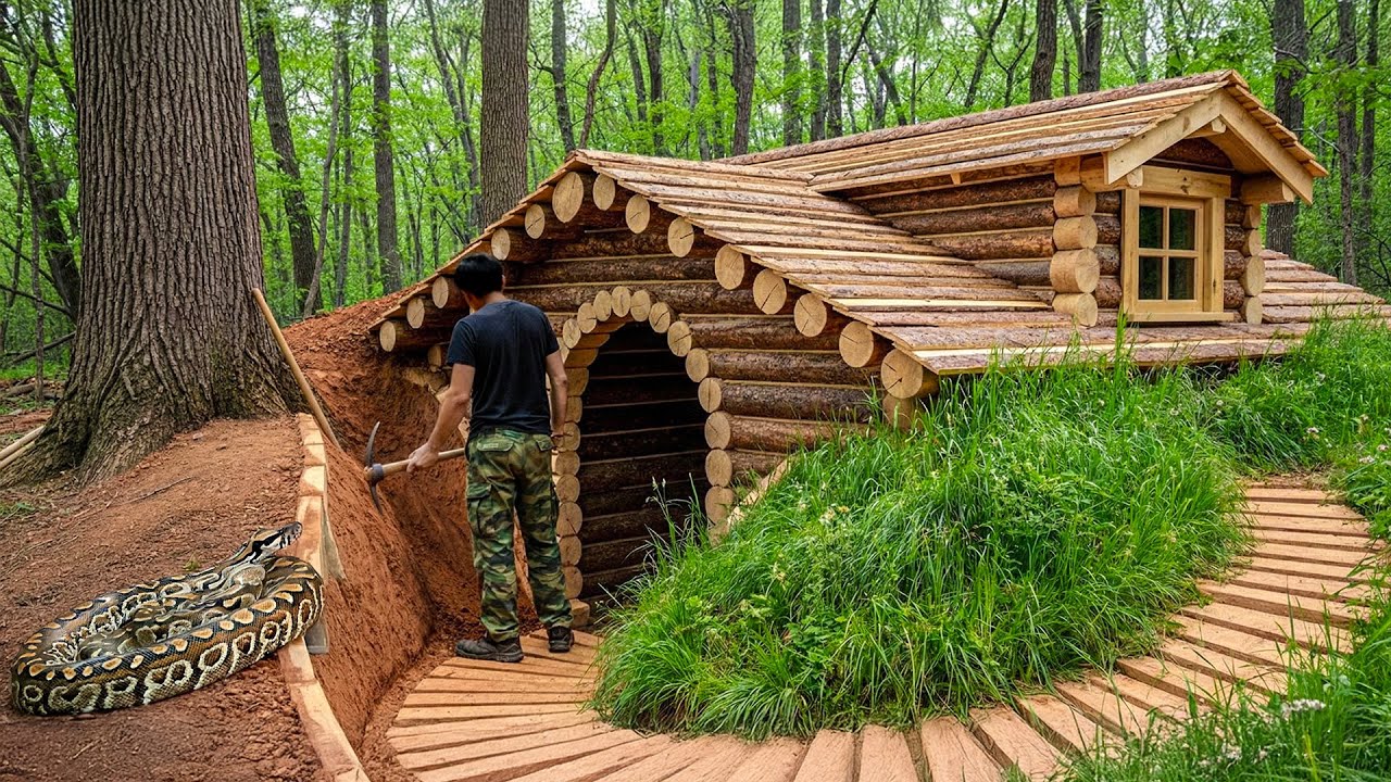 Full Building a Cozy Wooden House Underground in the Wild Survival ...