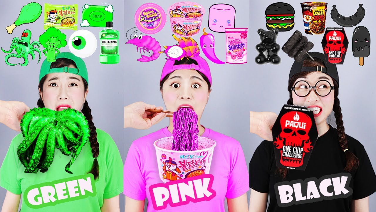 COLOR FOOD MUKBANG🔥 [Green🤢 Pink🍬 BLACK💀] DONA 도나 먹방 - YouTube