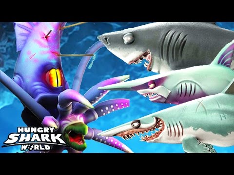 Hungry Shark World - All L Sharks vs Colossal Squid BOSS (Bull, Mako ...