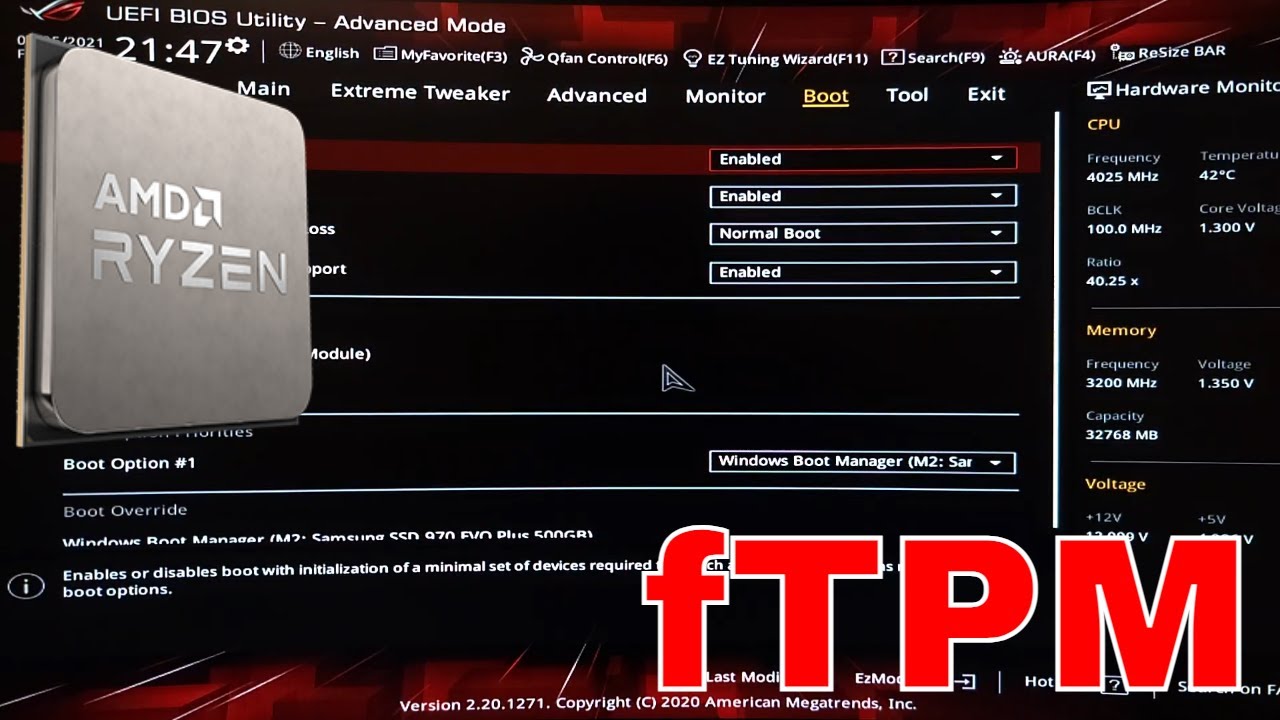 How to turn on fTPM 2.0 on Asus x470 motherboard - YouTube