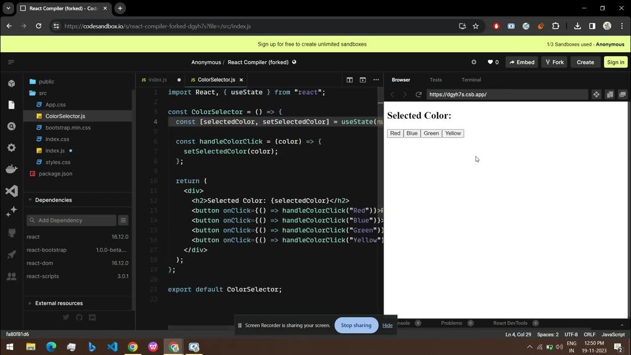 Write a code making use of React Hooks that displays four buttons ...