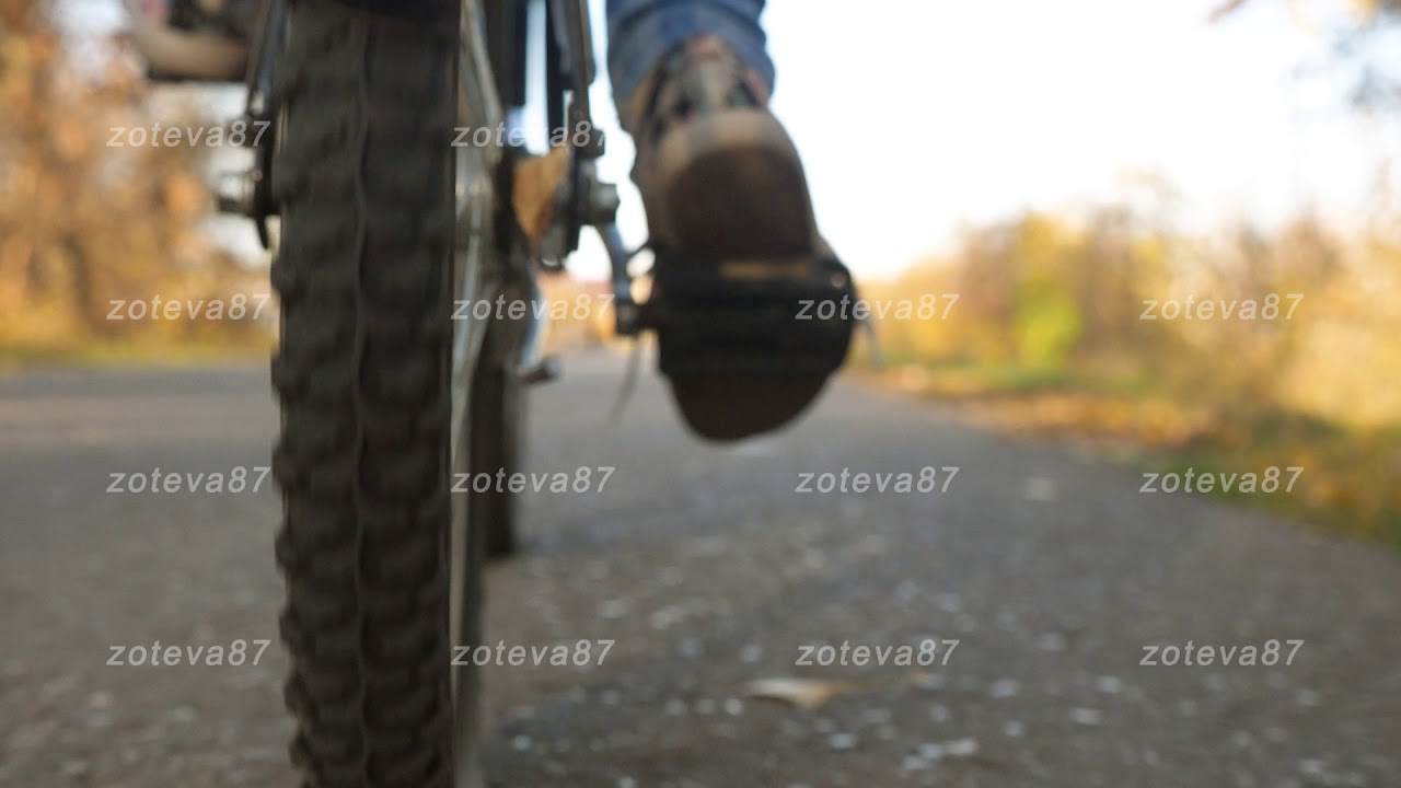 legs of girl pushing bicycle pedals. wheel with tread rides, close-up ...