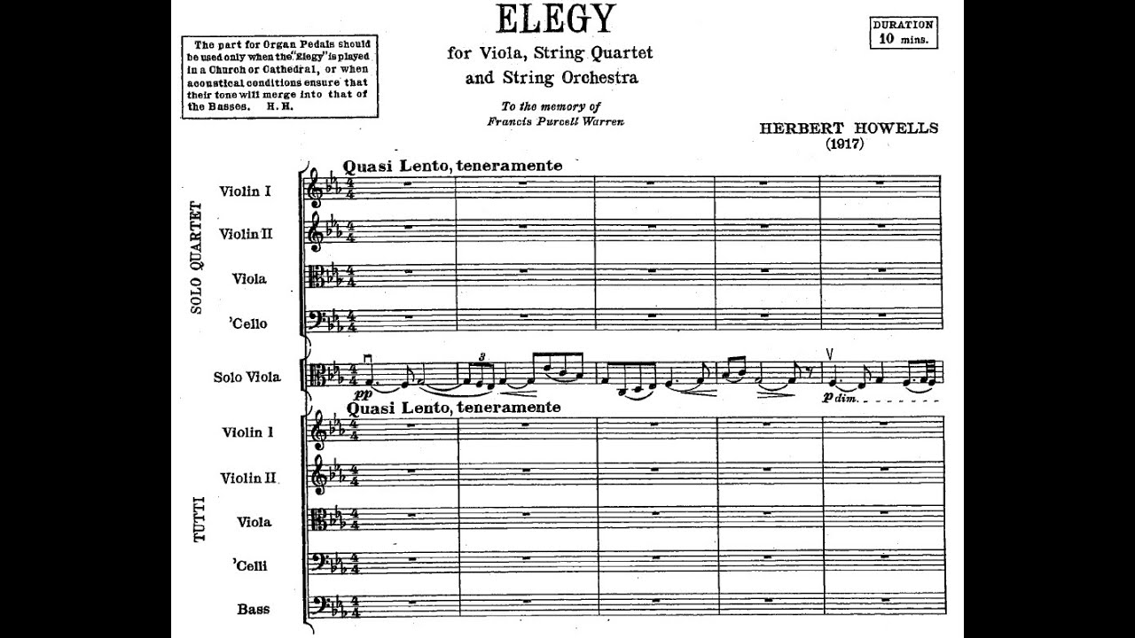 Herbert Howells - Elegy for Viola, String Quartet and String Orchestra ...