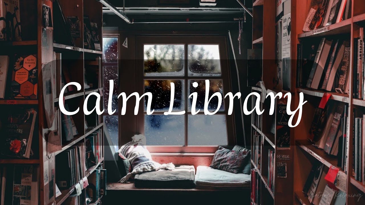 Calming Library Ambiance | Snowy Window | Snowfall | Comfy Book Nook ...
