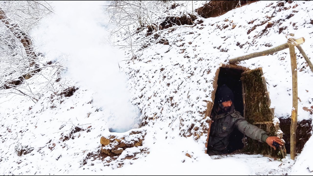Winter Survival Shelter_ Bushcraft Camping in the Snow_Warm Fireplace ...