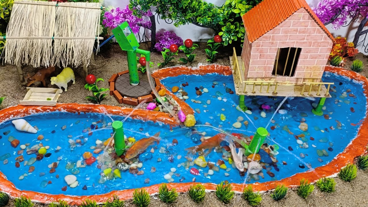 Diy mini farm diaroma with house of animals| mini lake mini hand pump ...