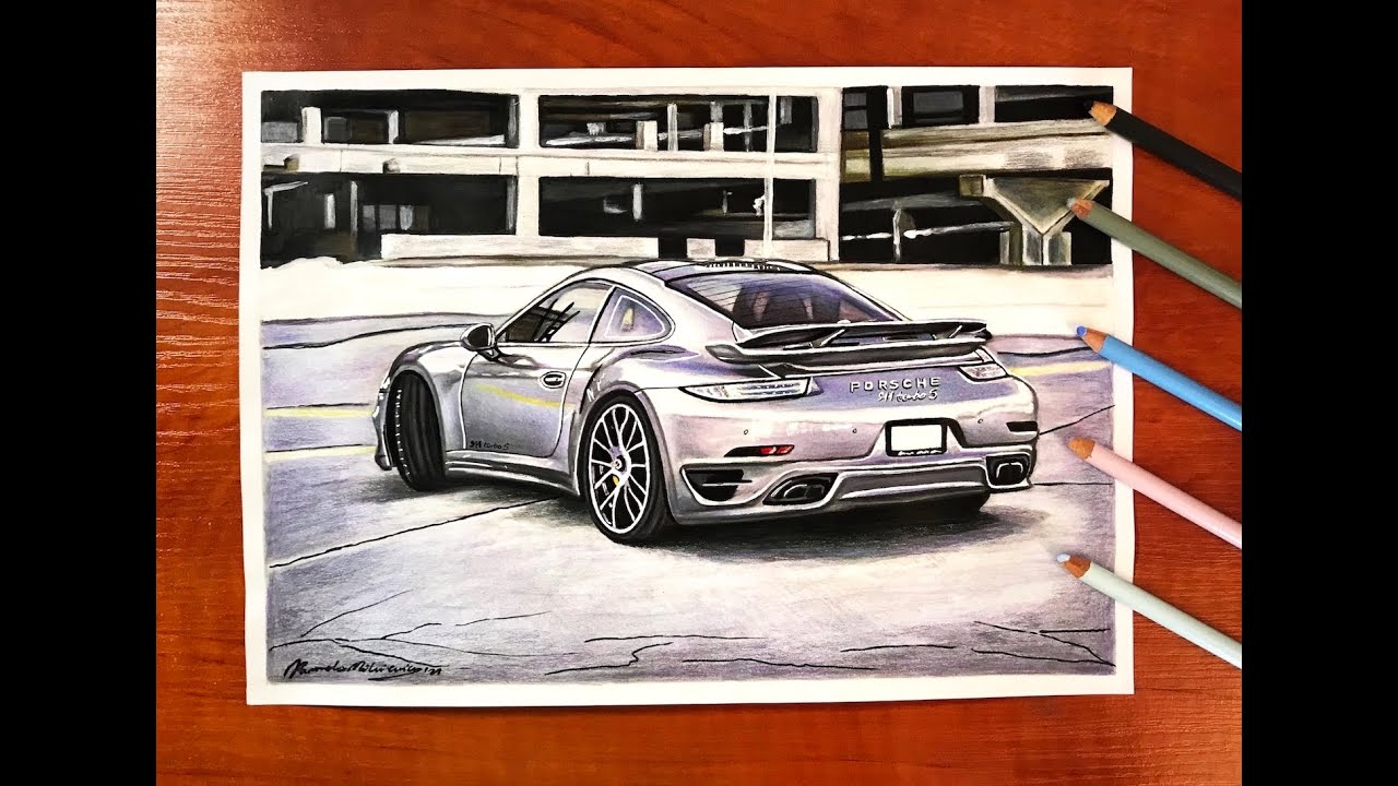 Silver Porsche 911 Turbo S - How to draw a realistic car - Step by step ...