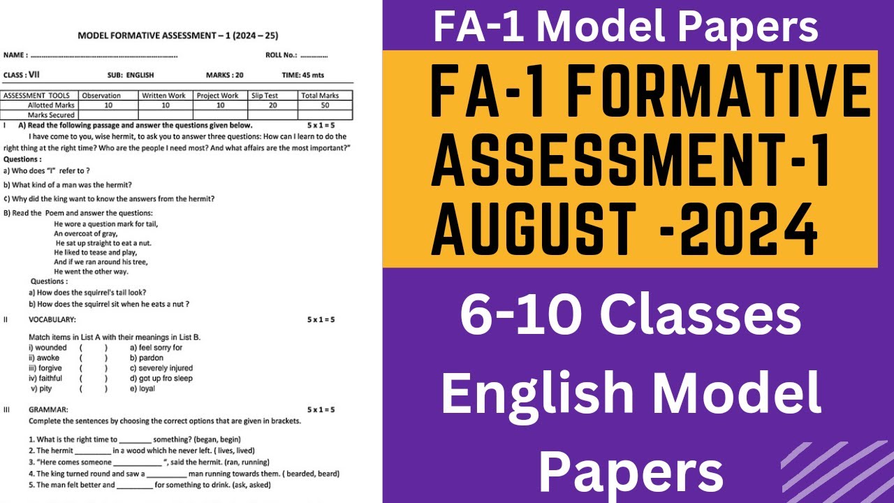 💐💯 ️ Formative Assessment-1 FA-1 August -2024 6-10 Classes English ...