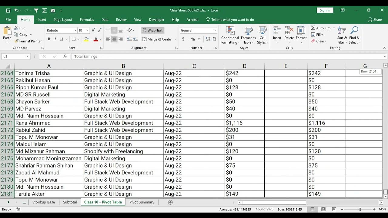 Class 10 Pivot Table | Professional MS Excel - YouTube