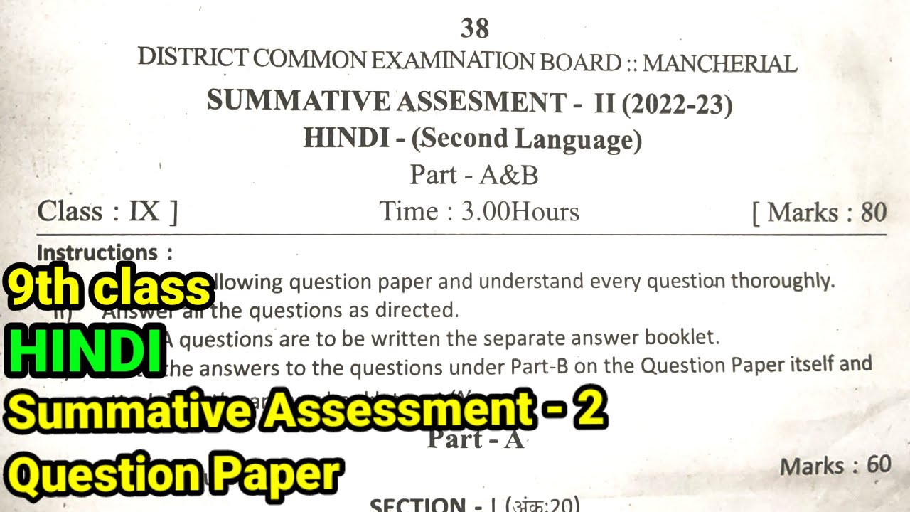 9th class | Hindi | Summative Assessment - 2 | Question paper ...
