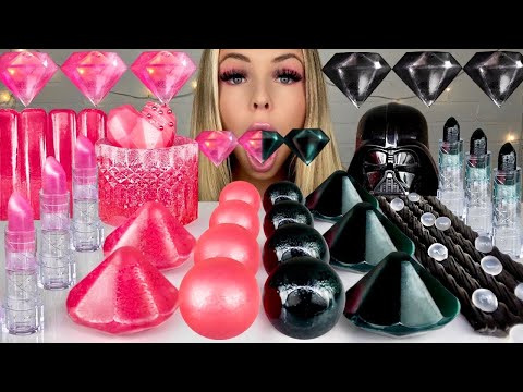 ASMR PINK AND BLACK FOOD, EDIBLE CRYSTAL, BLACK LICORICE, EDIBLE DIAMONDS, BOBA, JELLY MUKBANG 먹방