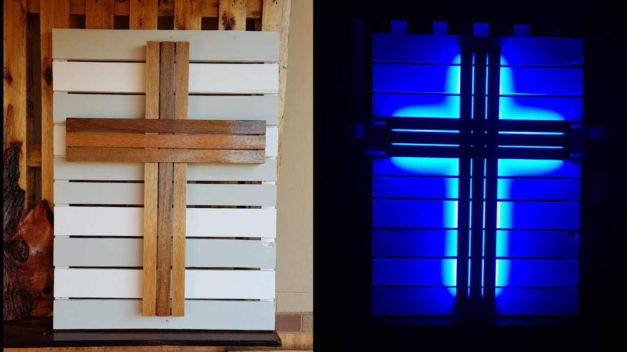 Pallet wood and Maranty wood cross with LED lights - YouTube