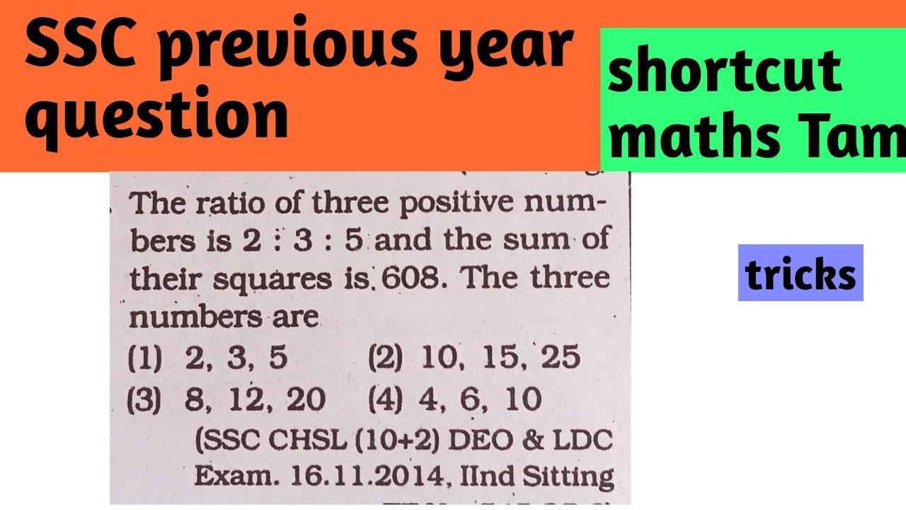 SSC/ ratio 2:3:5 / sum of their square is 608.three numbers ? - YouTube