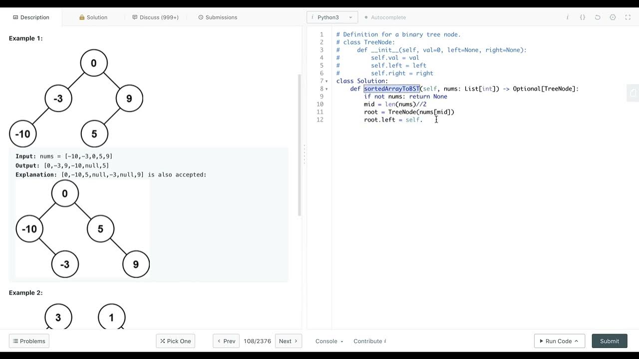 Leetcode 108 Convert Sorted Array To Binary Search Tree Python Youtube 3903