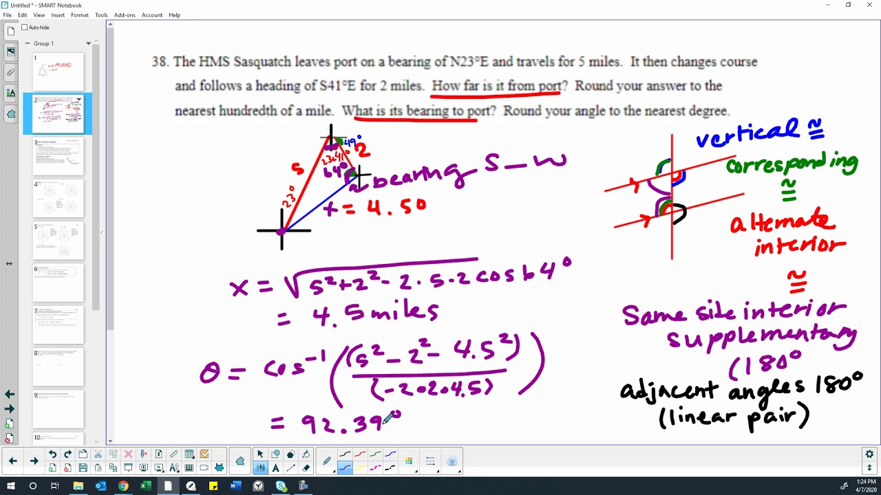 Math 1060 SLCC 5.2 problem 38 Law of Cosines Navigation - YouTube