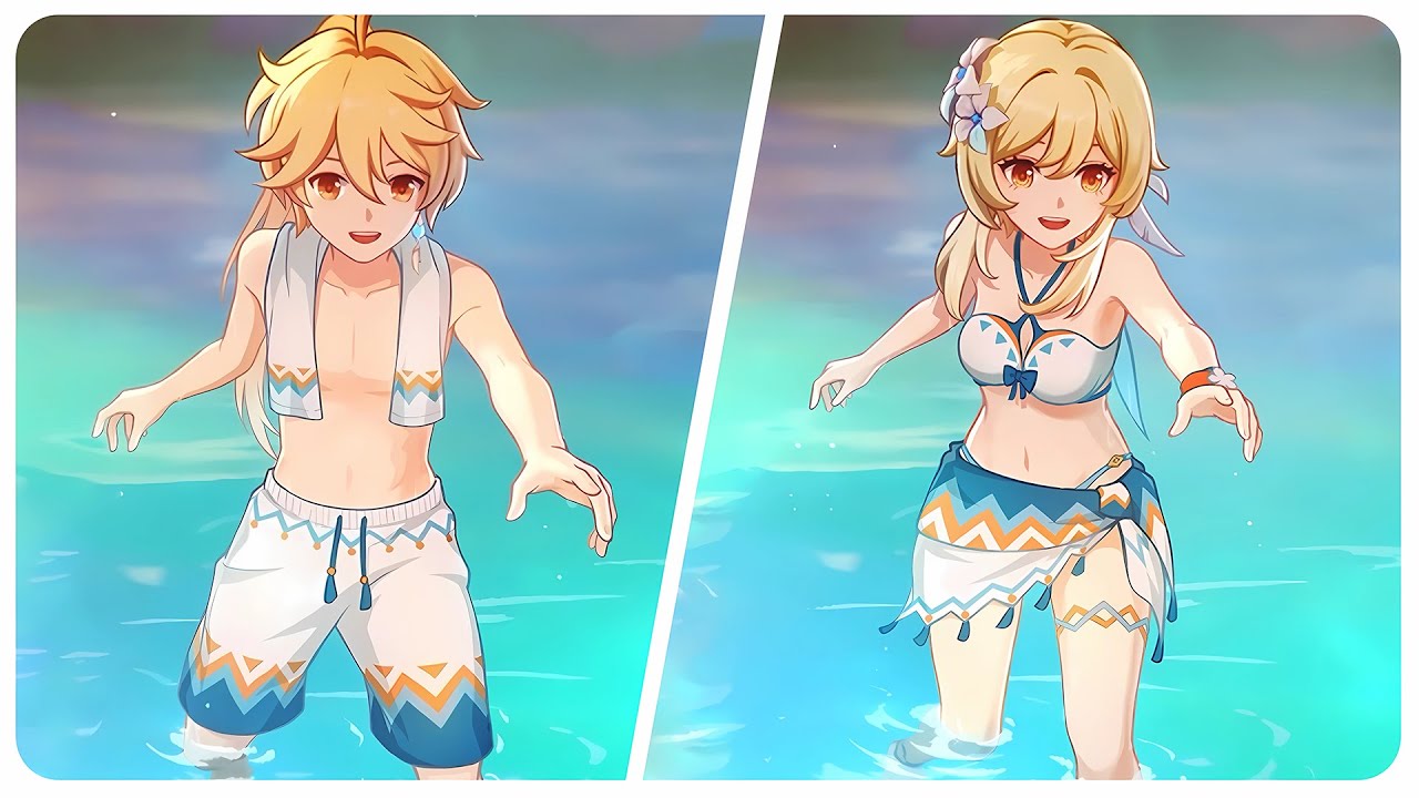 Aether VS Lumine Swimsuit Comparison | Hot Spring Cutscene | Genshin Impact 5.0 - YouTube