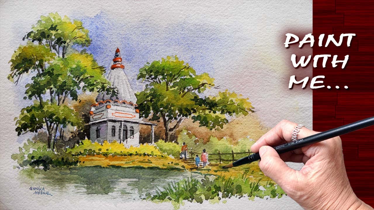 🎨 How To Paint | Landscape Painting | Temple Painting | Watercolor | Watercolour - YouTube