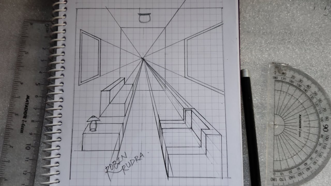 Drawing room view using one point perspective | How to draw a room view ...